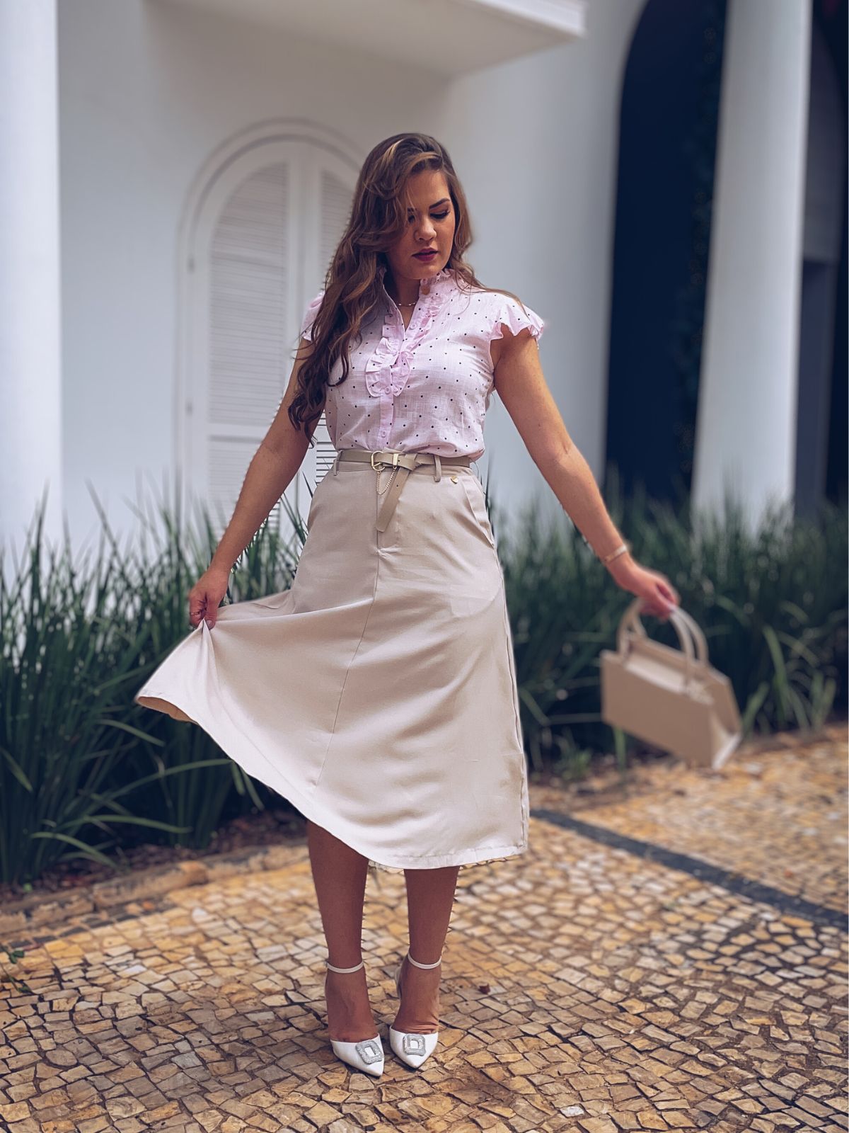 blusa linho 100% algodão estampa poá rosa claro pastel