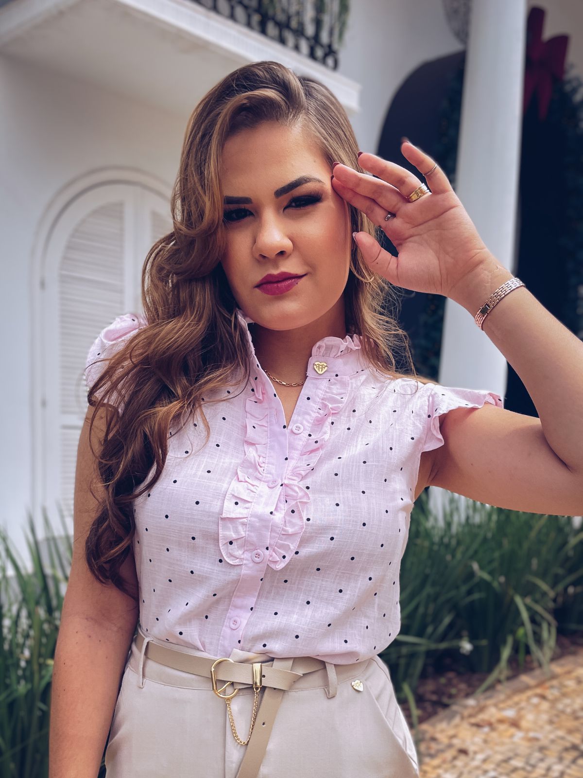 blusa linho 100% algodão estampa poá rosa claro pastel