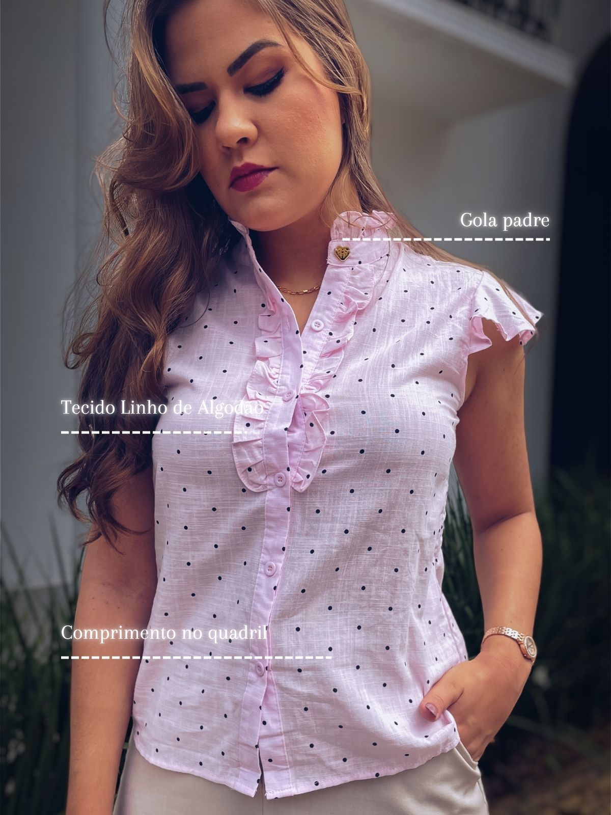 blusa linho 100% algodão estampa poá rosa claro pastel