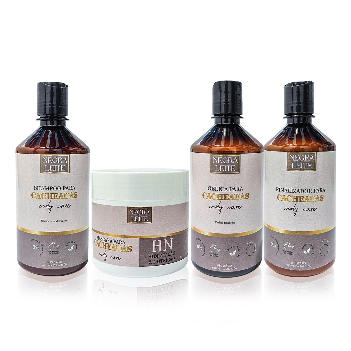 KIT 006 - SHAMPOO + MÁSCARA + GELEIA + ATIVADOR DE CACHOS - Negra Leite