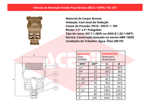 Válvula de Retenção Fundo Poço Bronze DECA / MIPEL FIG: 551