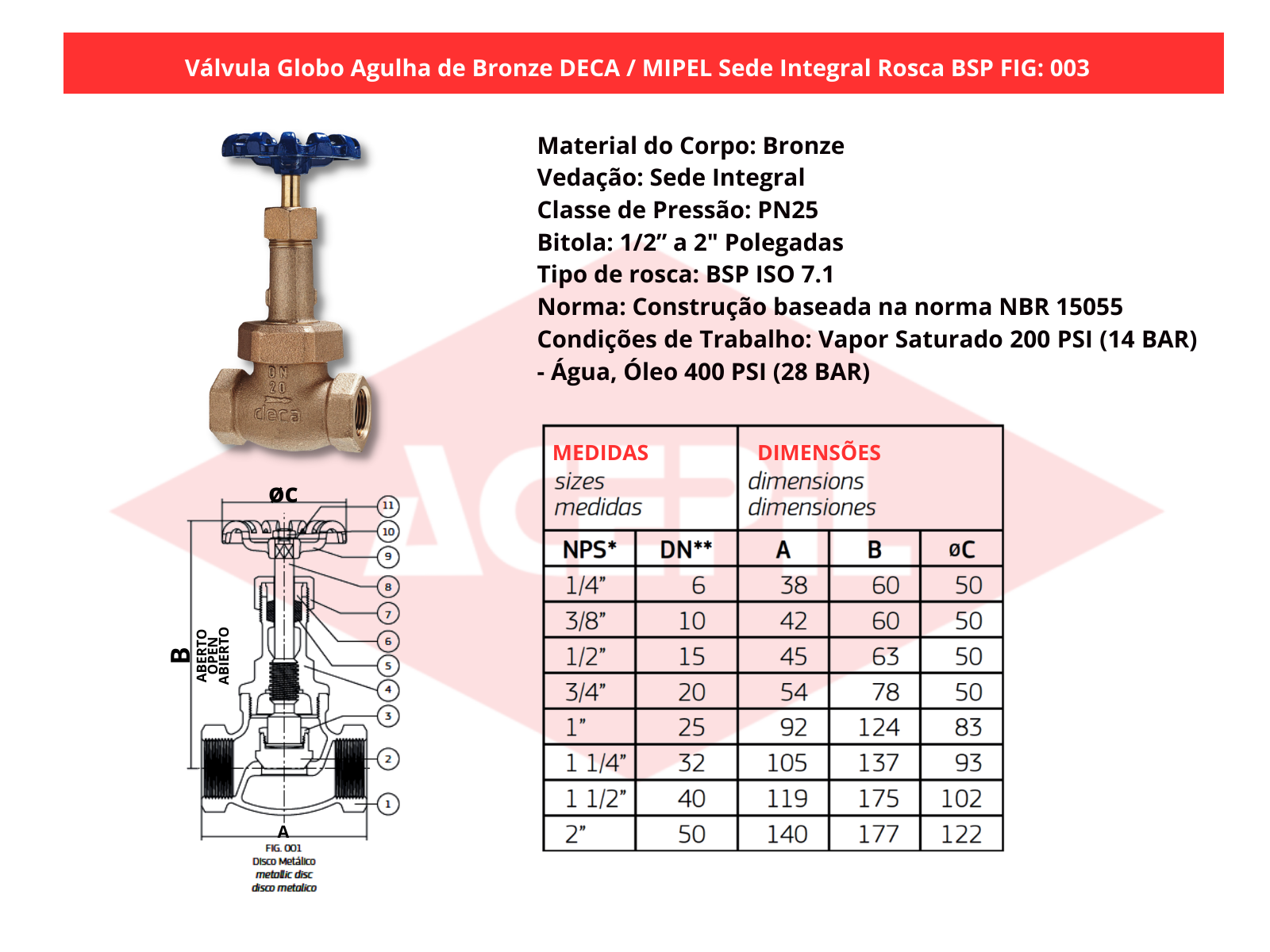 Válvula Globo Agulha De Bronze DECA BSP FIG: 003