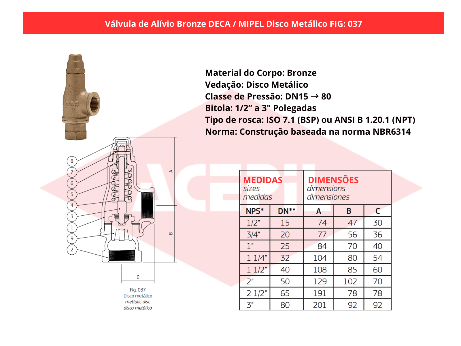 Válvula de Alívio Bronze DECA Metálico Rosca BSP FIG: 037
