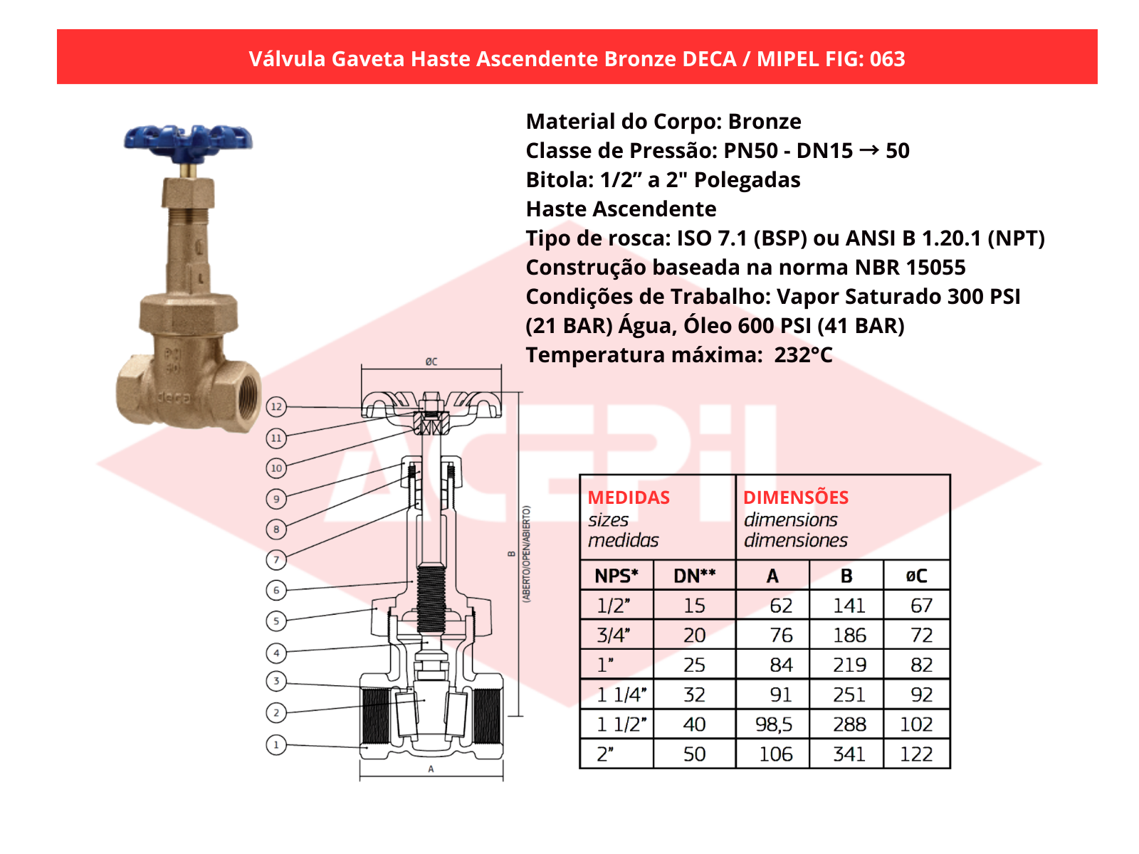 Válvula Gaveta Haste Ascendente Bronze DECA BSP FIG: 063