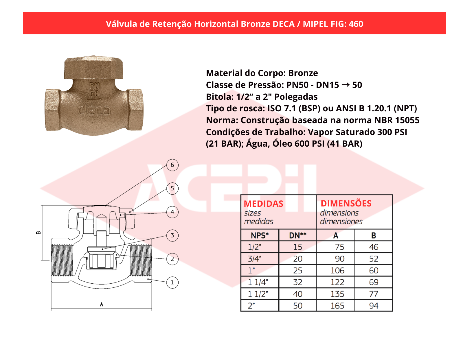 Válvula de Retenção Horizontal Bronze DECA / MIPEL FIG: 460