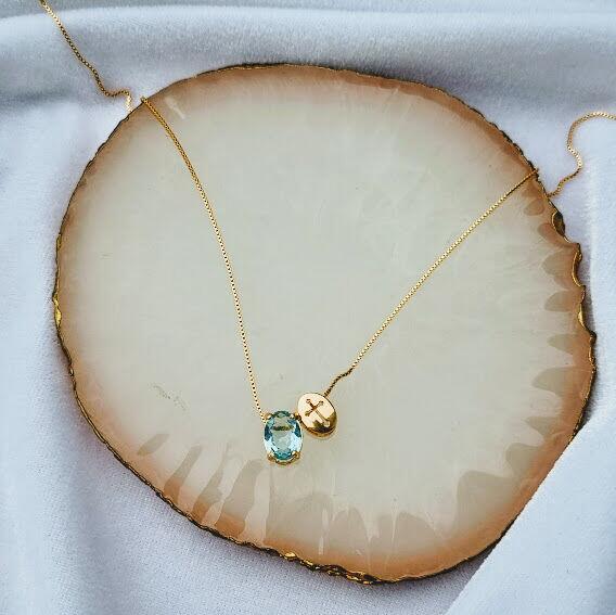 Colar Escapulário Cruz Aquamarine Folheado a Ouro 18k
