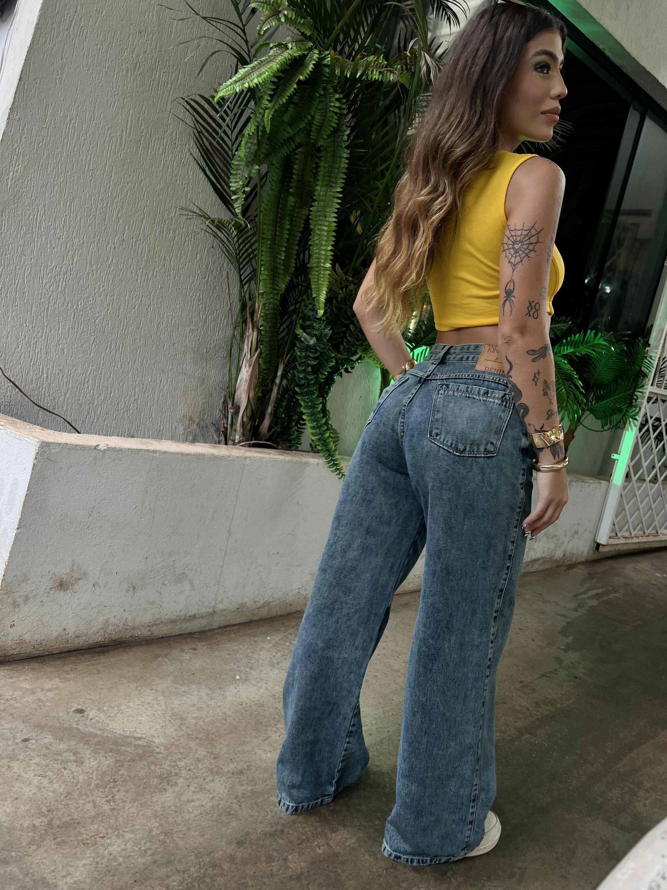 Calça Wide Leg Cós Assimétrico Jeans Dirty | Urbana