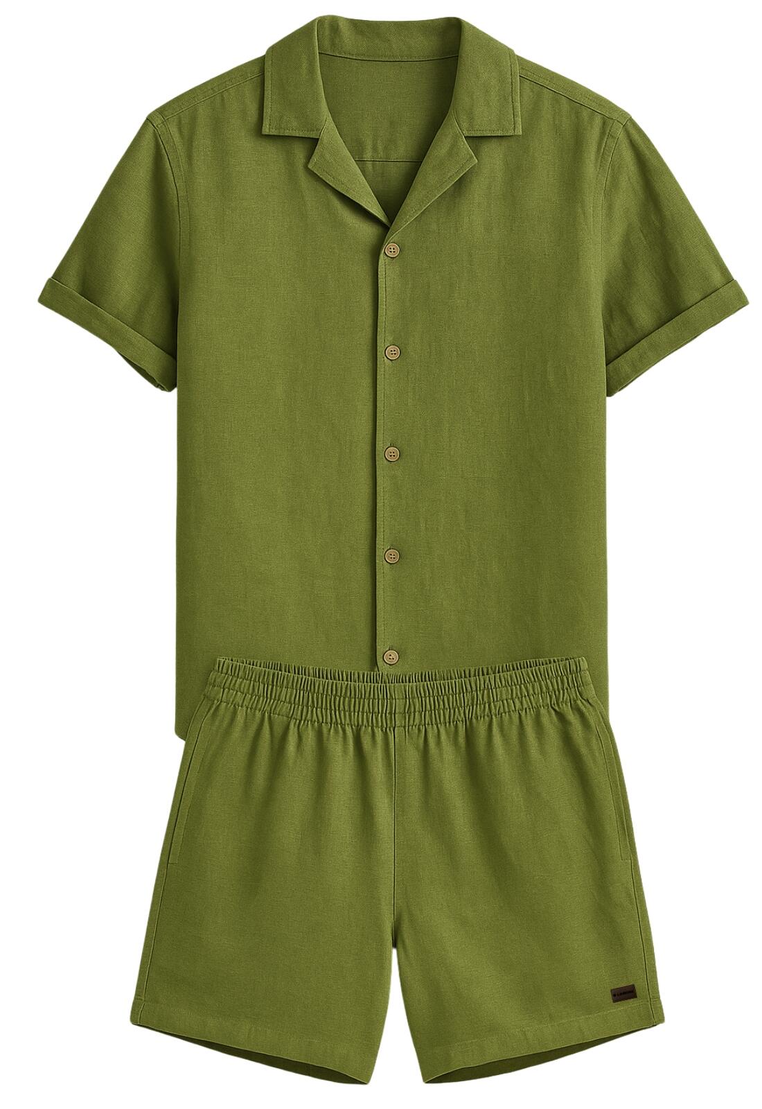 Kit Completo Conjunto Masculino - Camisa Viscose Linho + Short Linho Olive