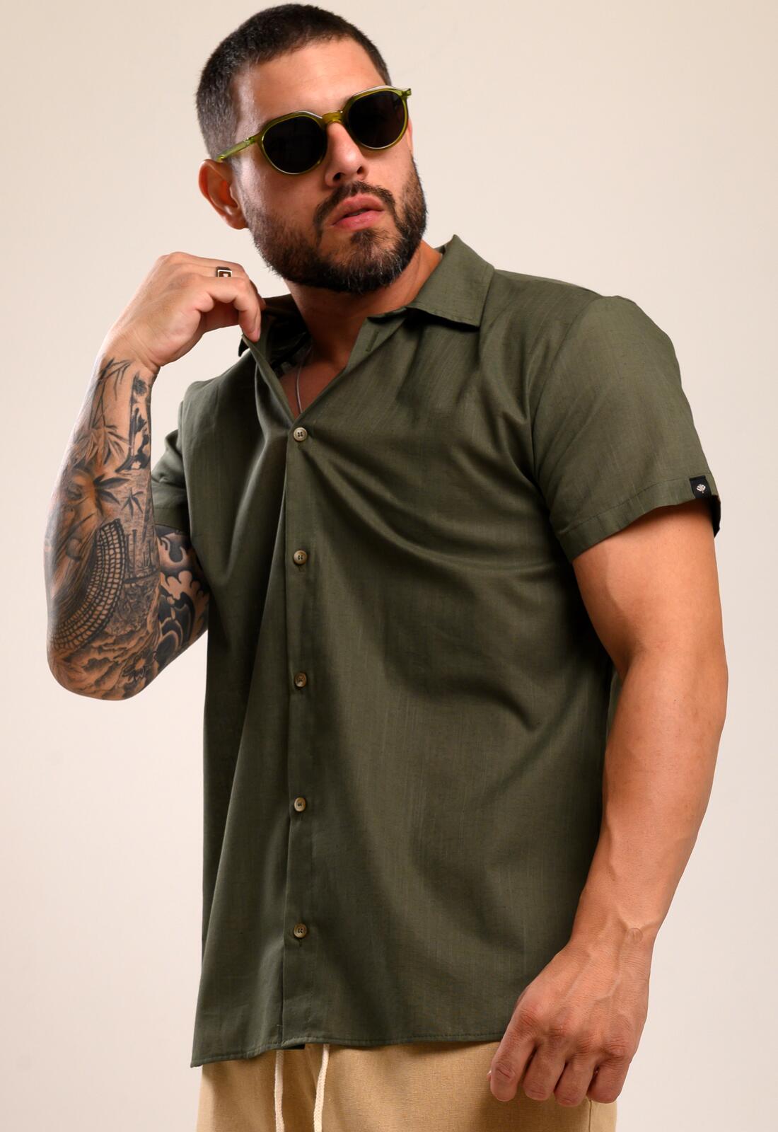 Camisa Manga Curta Masculina Linho e Viscose Verde Militar