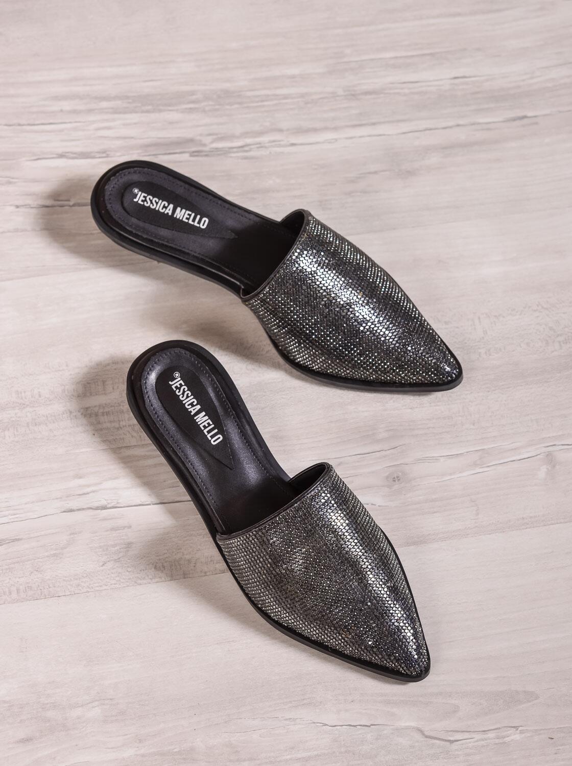 Comprar Mule Preto Strass Bico Fino
