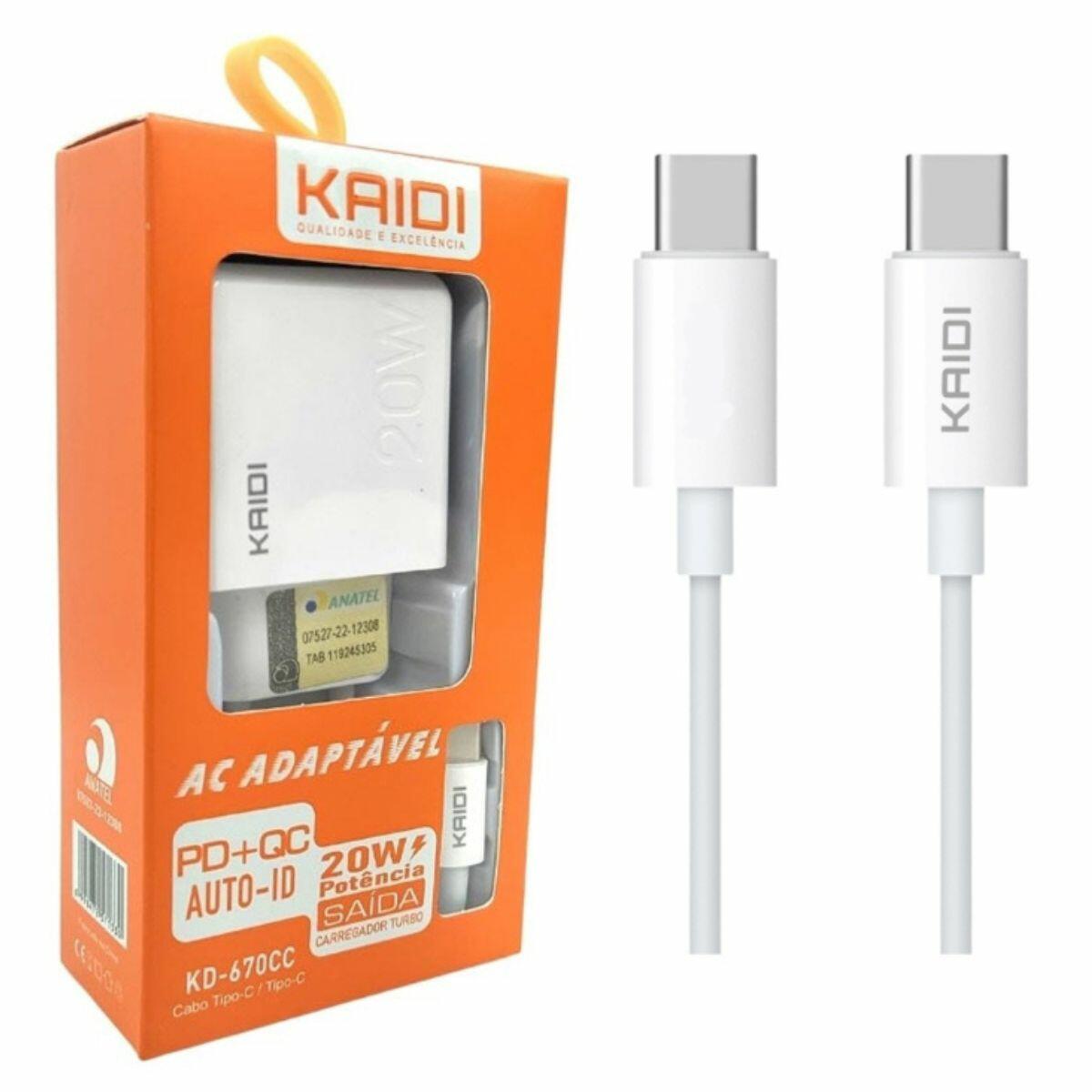 Carregador USB-C+USB para USB-C PD QC 20W KD-670CC Kaidi - R$104,76