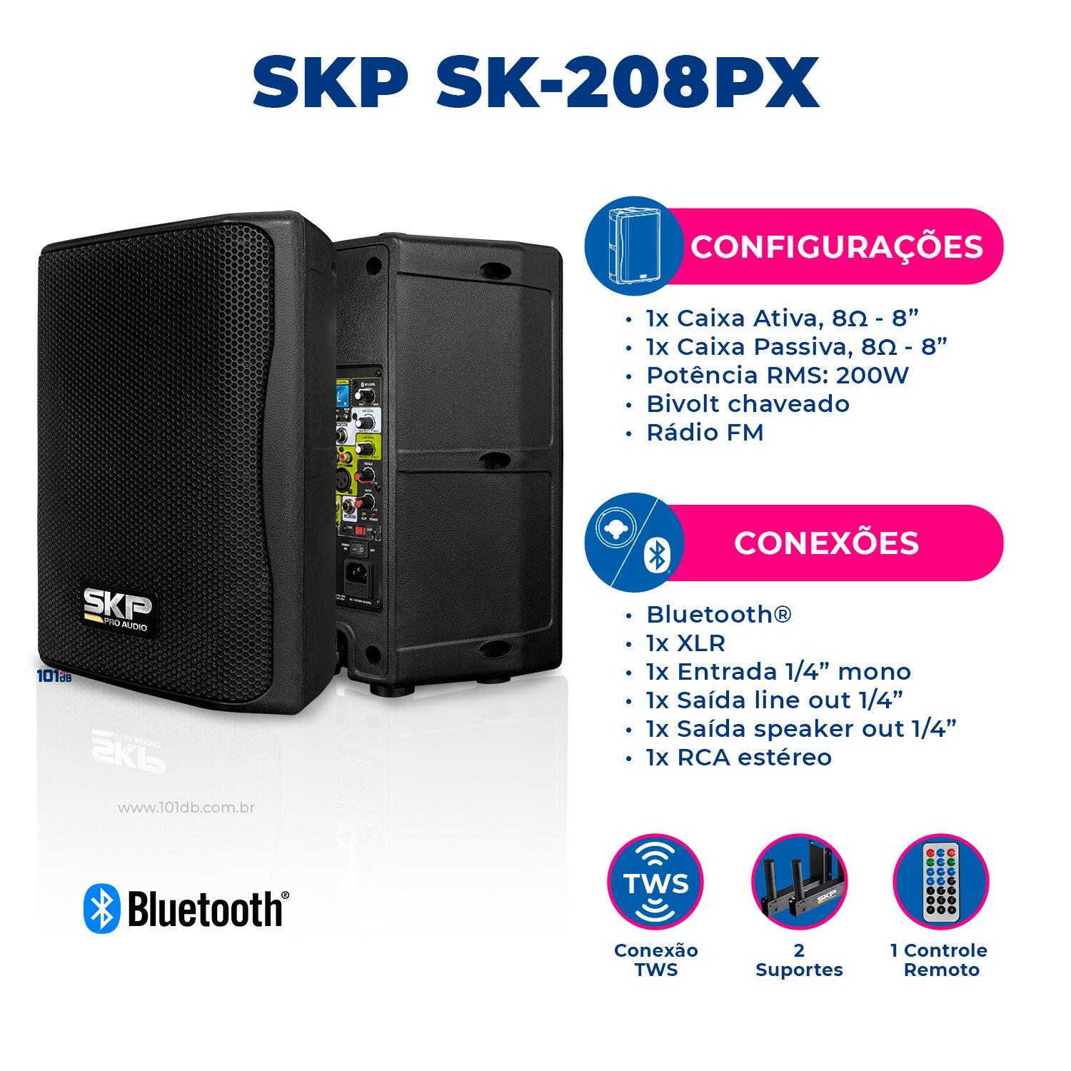 Comprar Sistema Profissional Caixa Ativa e Passiva SKP Pro SK 208 PX - 101dB Tudo para Sua Casa